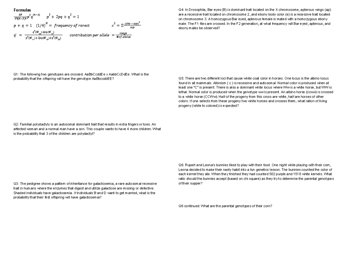 Cheat sheet for gene 314: Genetics formulas and inheritance problems ...