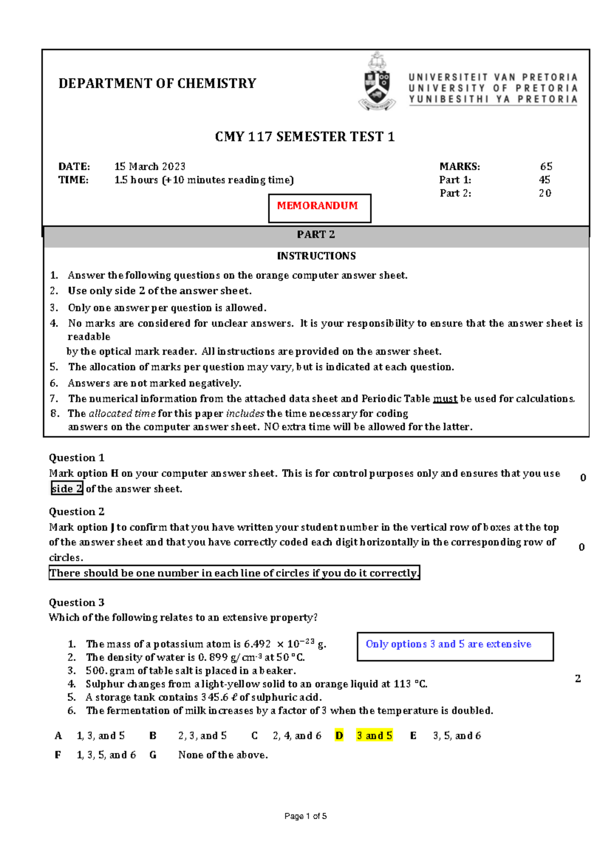 CMY 117 ST1 Semester Test 1 Part 2 Memorandum 2023 - Studocu