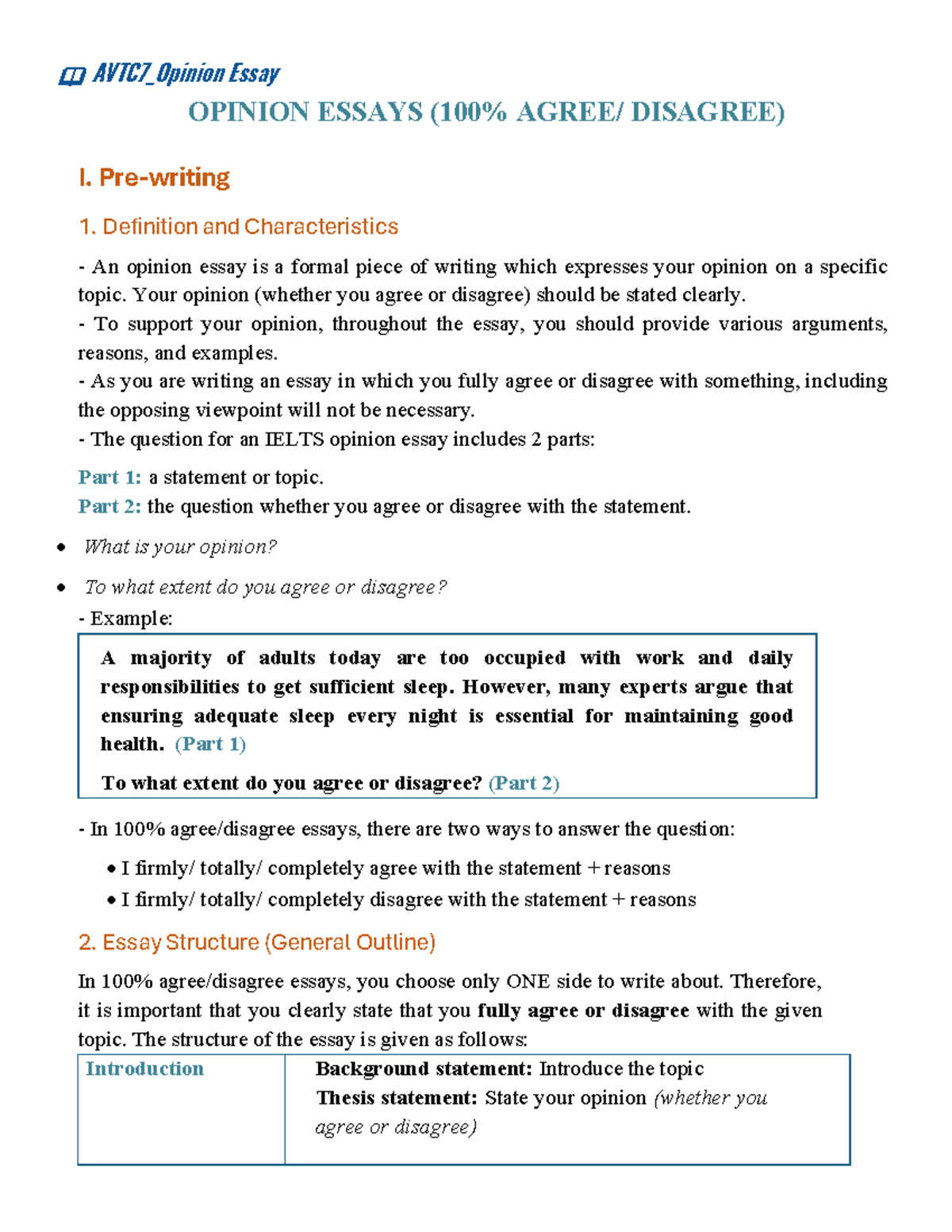 AVTC7 - Opinion Essay Writing Guide and Outline - Studocu