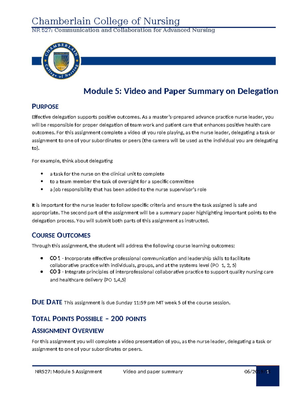 Chamberlain College of Nursing NR 527: Module 5 Video & Paper Summary ...