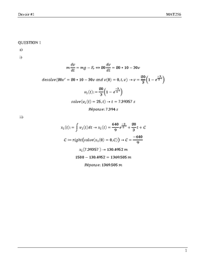 Devoir 2 A24 complet 2 - ÉQUATIONS DIFFÉRENTIELLES – MAT265- Devoir 2 École de technologie - Studocu