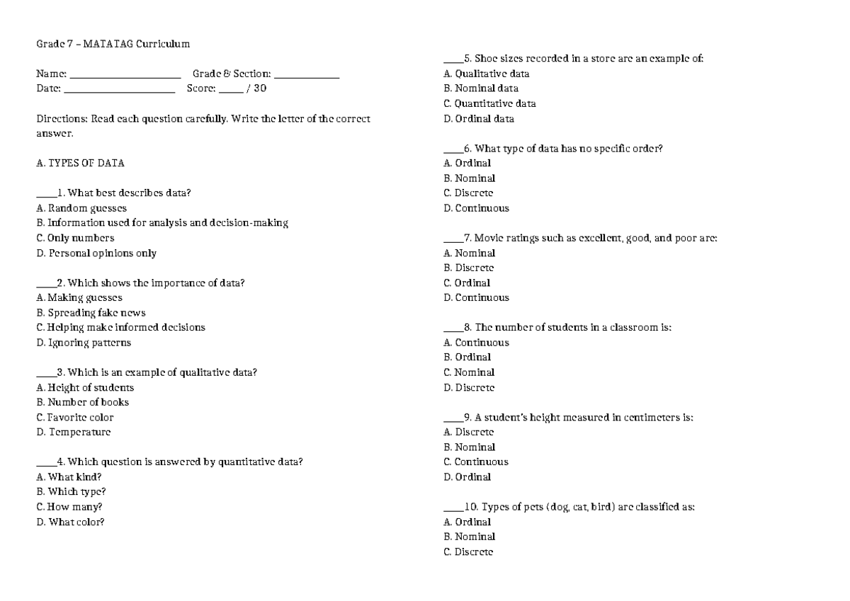 Grade 7 Statistics Quiz: Understanding Data Types & Collection Methods ...