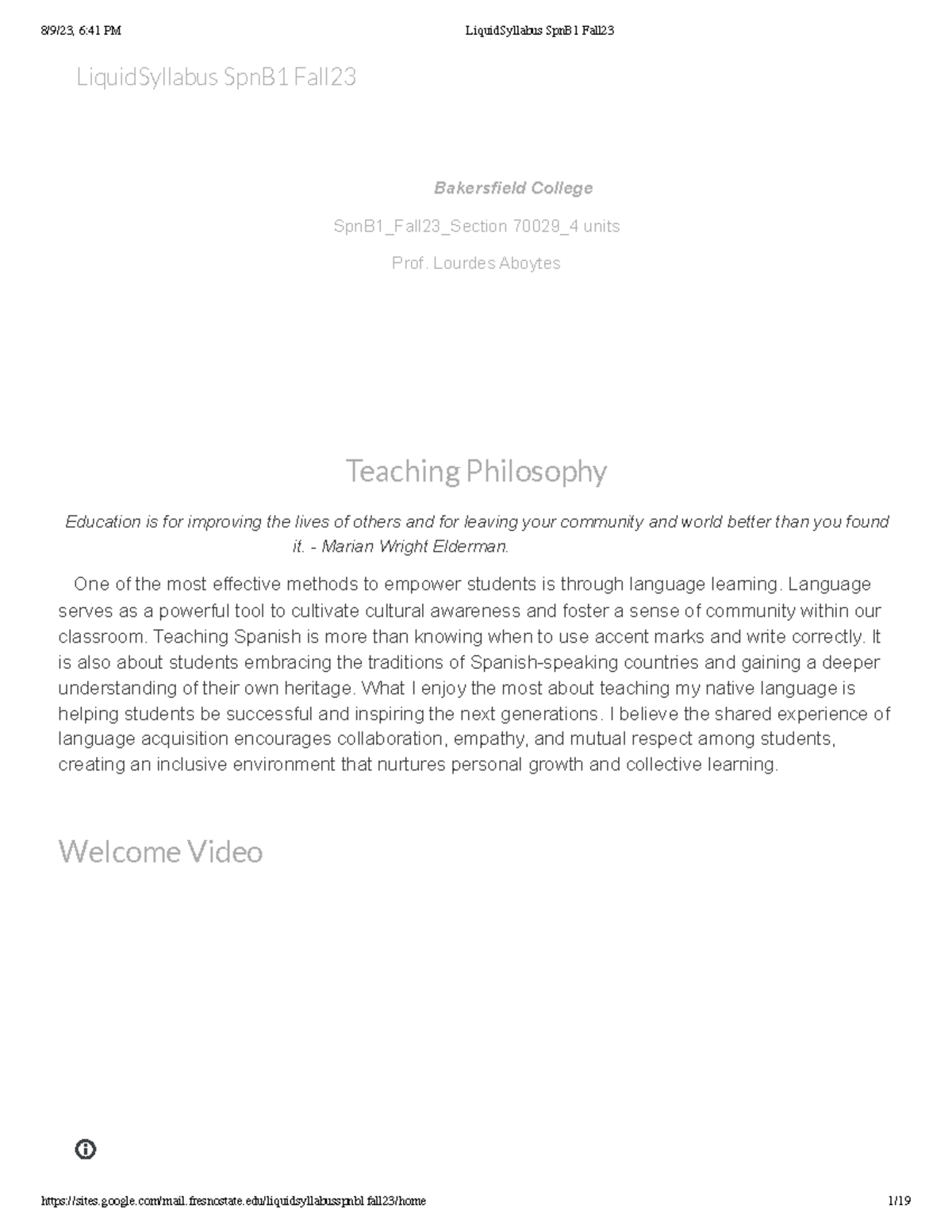 Liquid Syllabus for SPN B1 Fall 2023 Course Overview and Contact Info ...