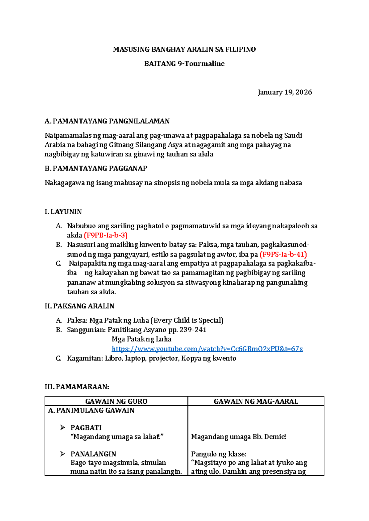 MASUSING BANGHAY ARALIN SA FILIPINO BAITANG: Mga Patak ng Luha - Studocu