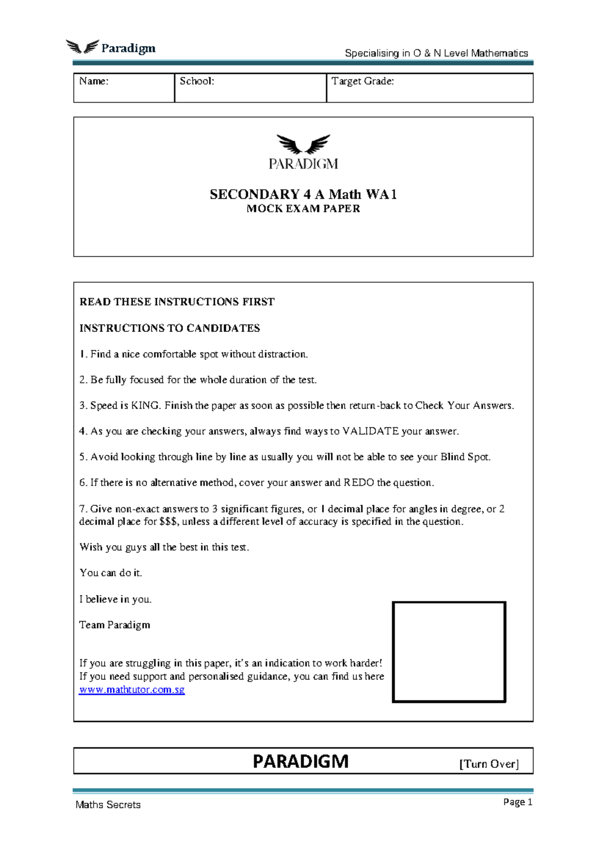 Sec 4 A Math WA1 Trigonometry Mock Exam Paper 2024 - Studocu