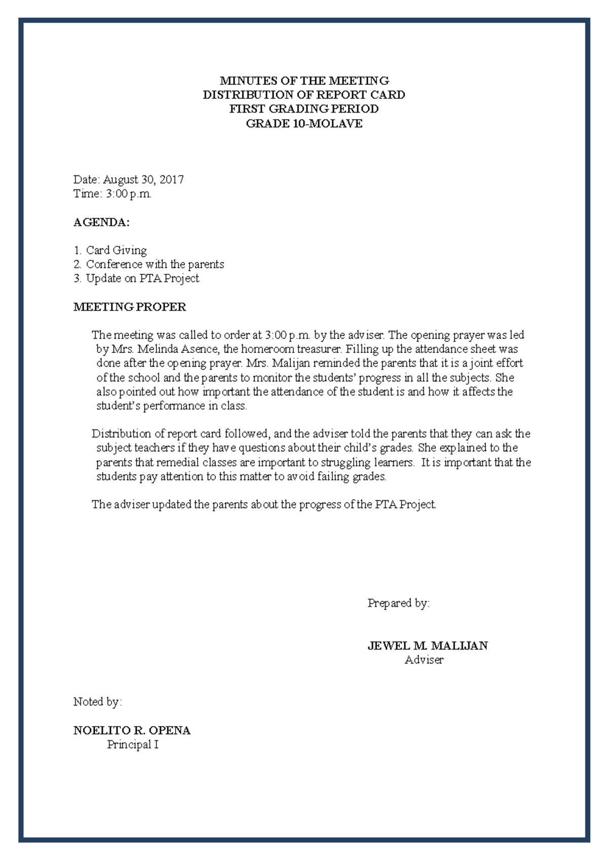 Minutes of Meeting: Distribution of Grade 10 Report Card (1st GP) - Studocu