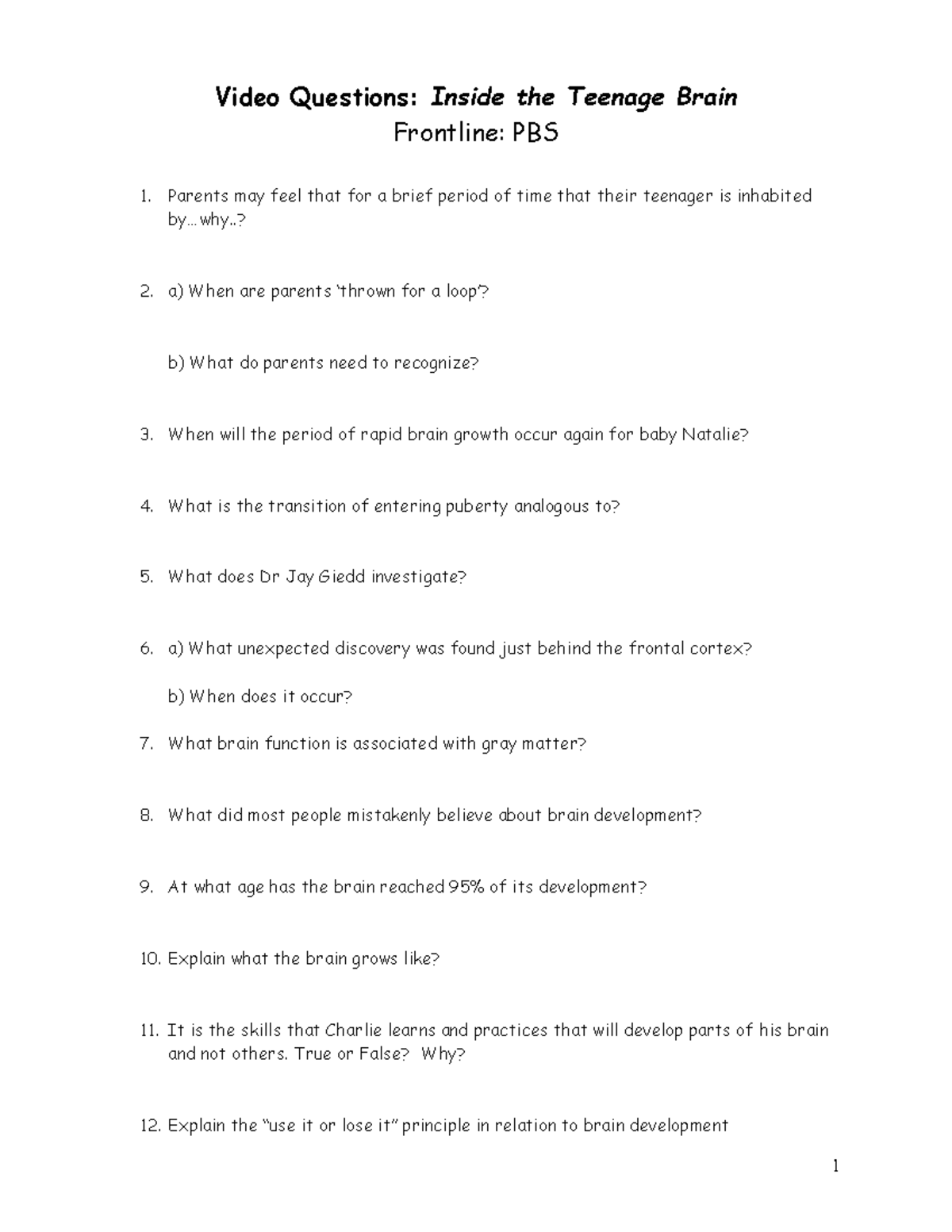 TEEN Brain Video Questions: Insights from PBS Frontline - Studocu
