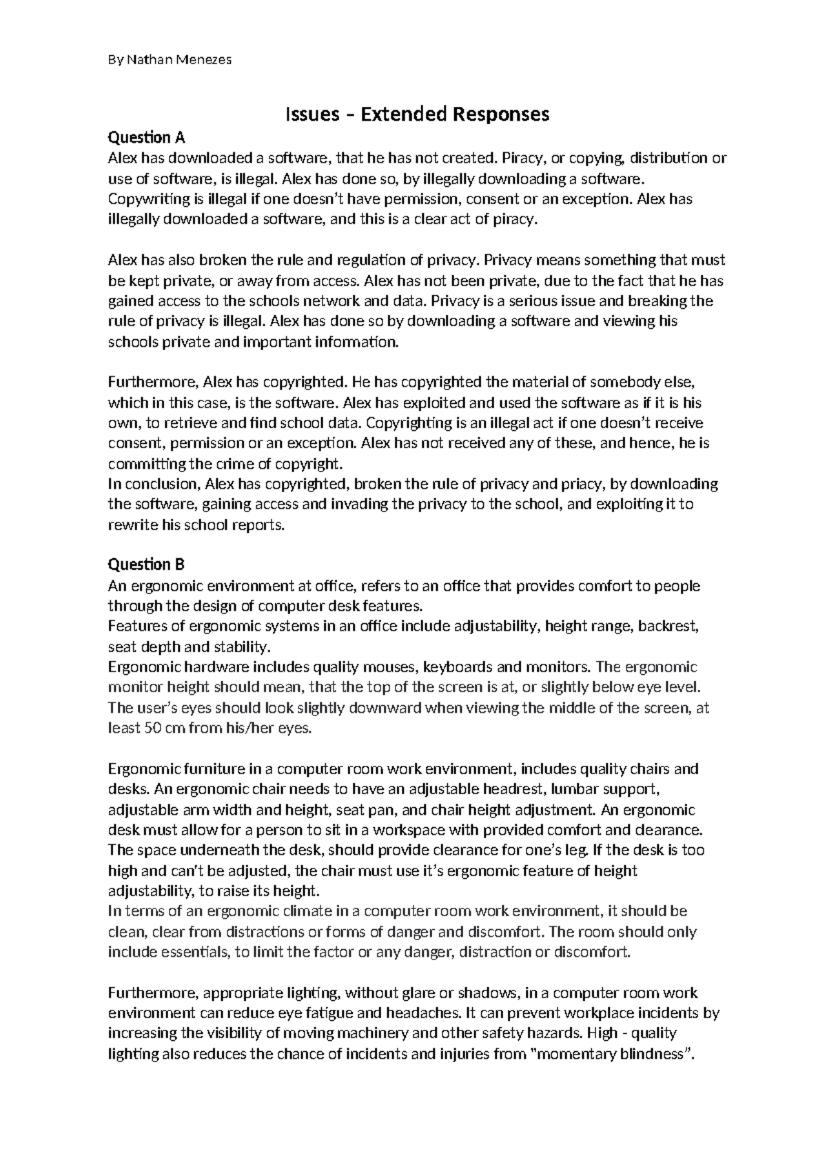 Issues – Extended Responses - By Nathan Menezes Issues – Extended ...