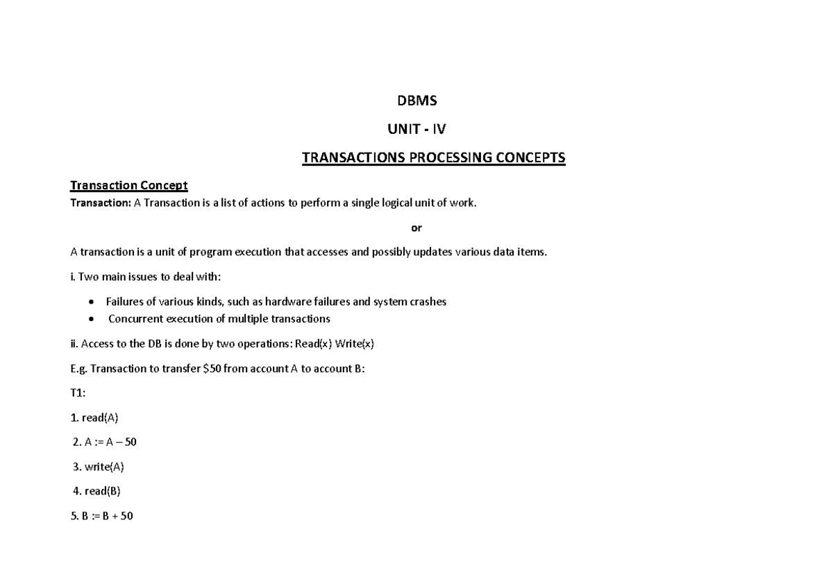 DBMS Unit-4: Transactions Processing Concepts Notes - Studocu