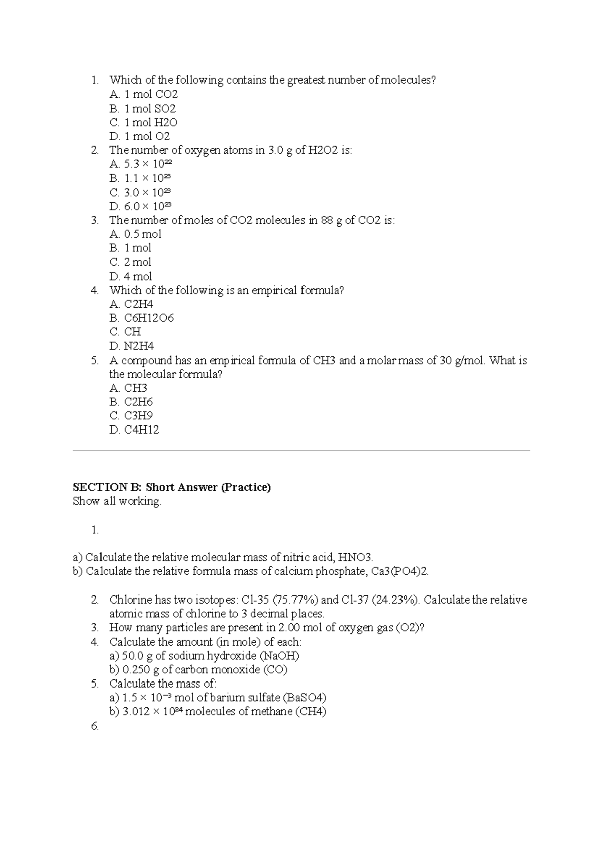 Chemistry Quiz: Mole Calculations and Empirical Formulas (CHEM101 ...