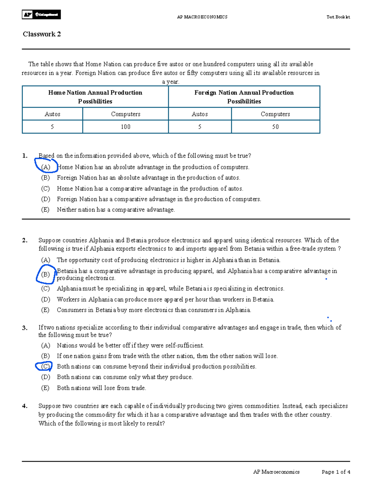 AP Macroeconomics Classwork 2 - Unit Practice MCQ on Production ...