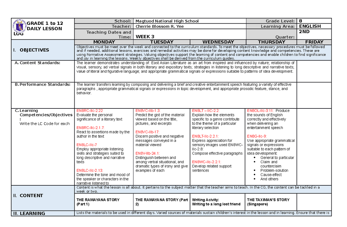 DAILY LESSON LOG FOR ENGLISH 8 - WEEK 3, 2ND QUARTER - Studocu