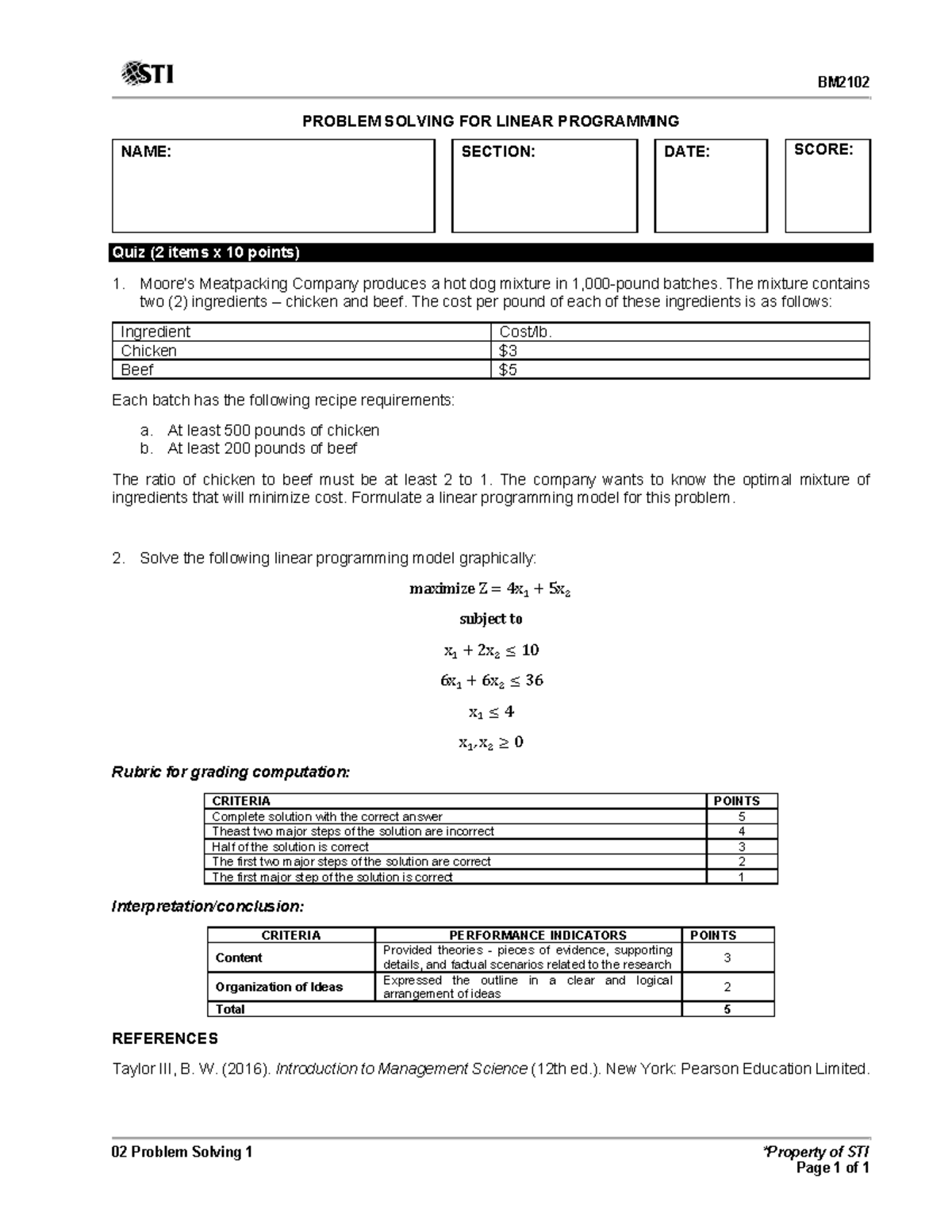 02 Problem Solving 1 - BM 02 Problem Solving 1 *Property of STI Page 1 of 1 PROBLEM SOLVING FOR ...