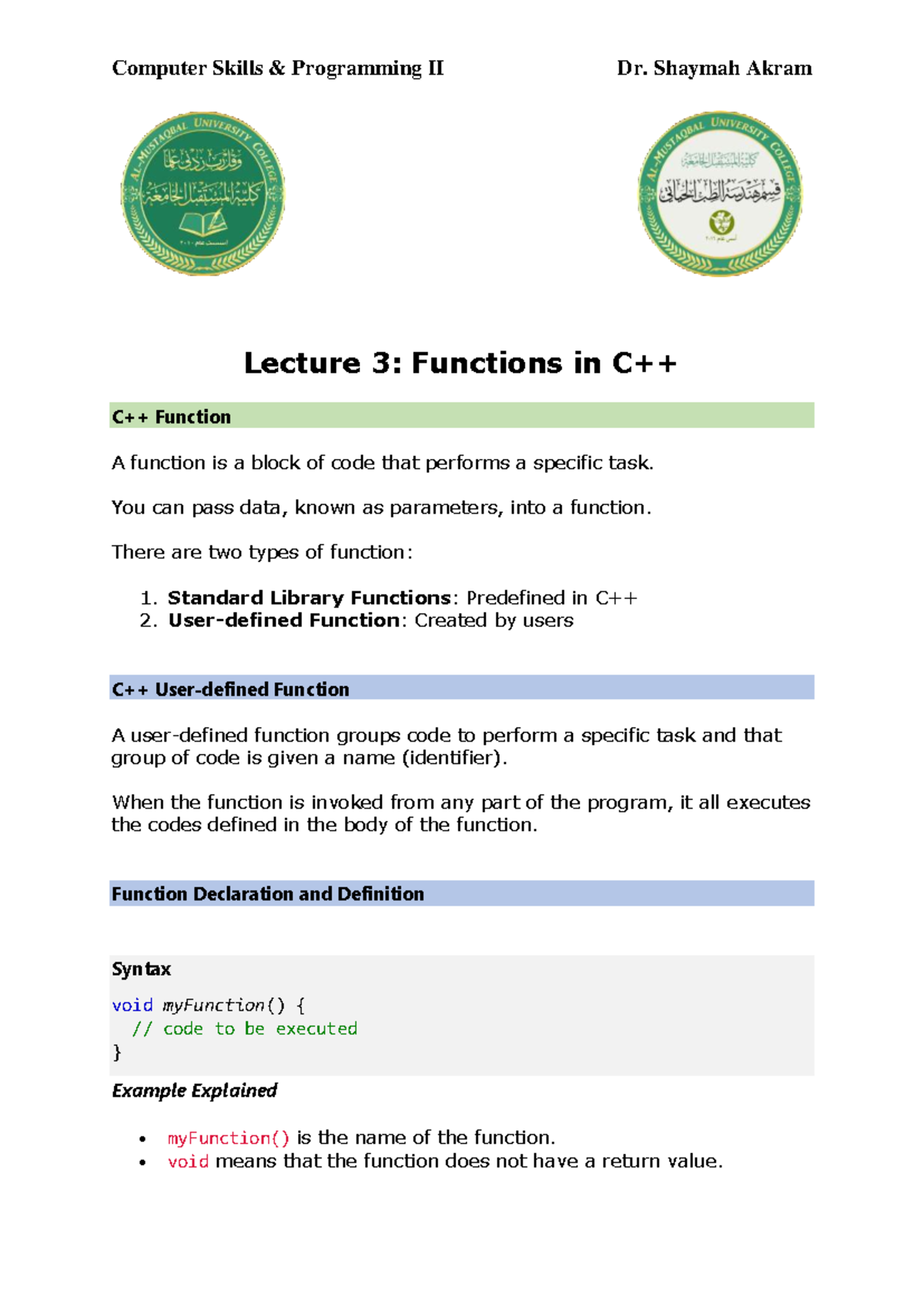 Computer Skills Programming II - Lecture 3: Functions Overview - Studocu
