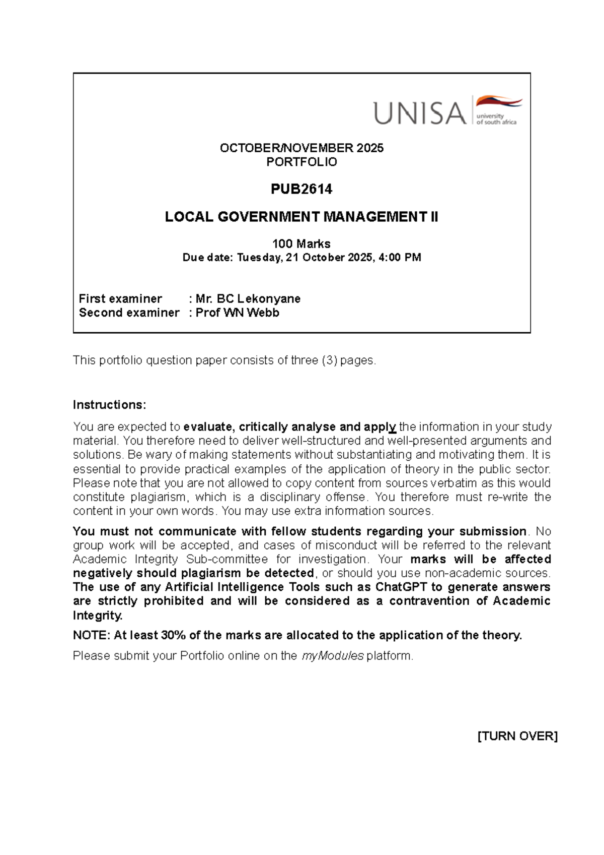 2025 PUB2614 Portfolio: Local Government Management II Guidelines - Studocu