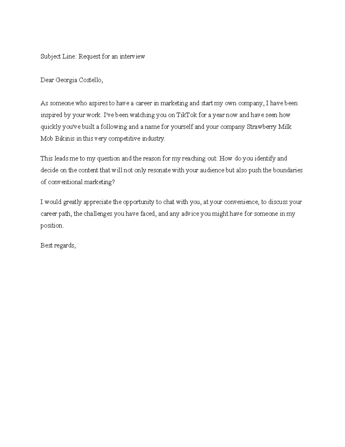ENT 101 Assignment #1: Interview Request Letter to Georgia Costello ...