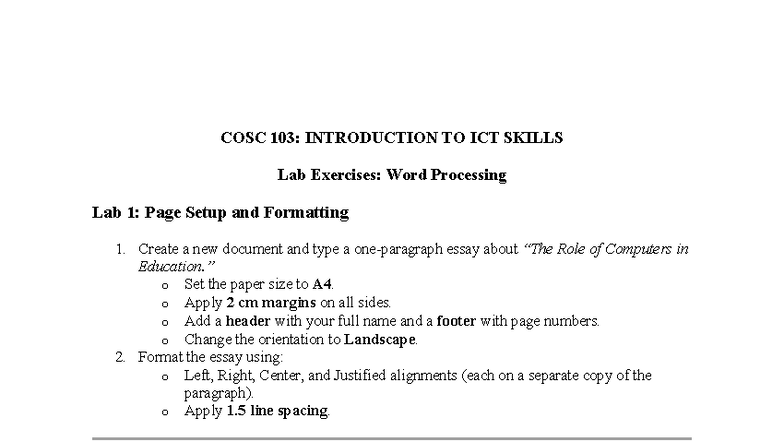 COSC 103: Lab Exercises on Word Processing Techniques - Studocu