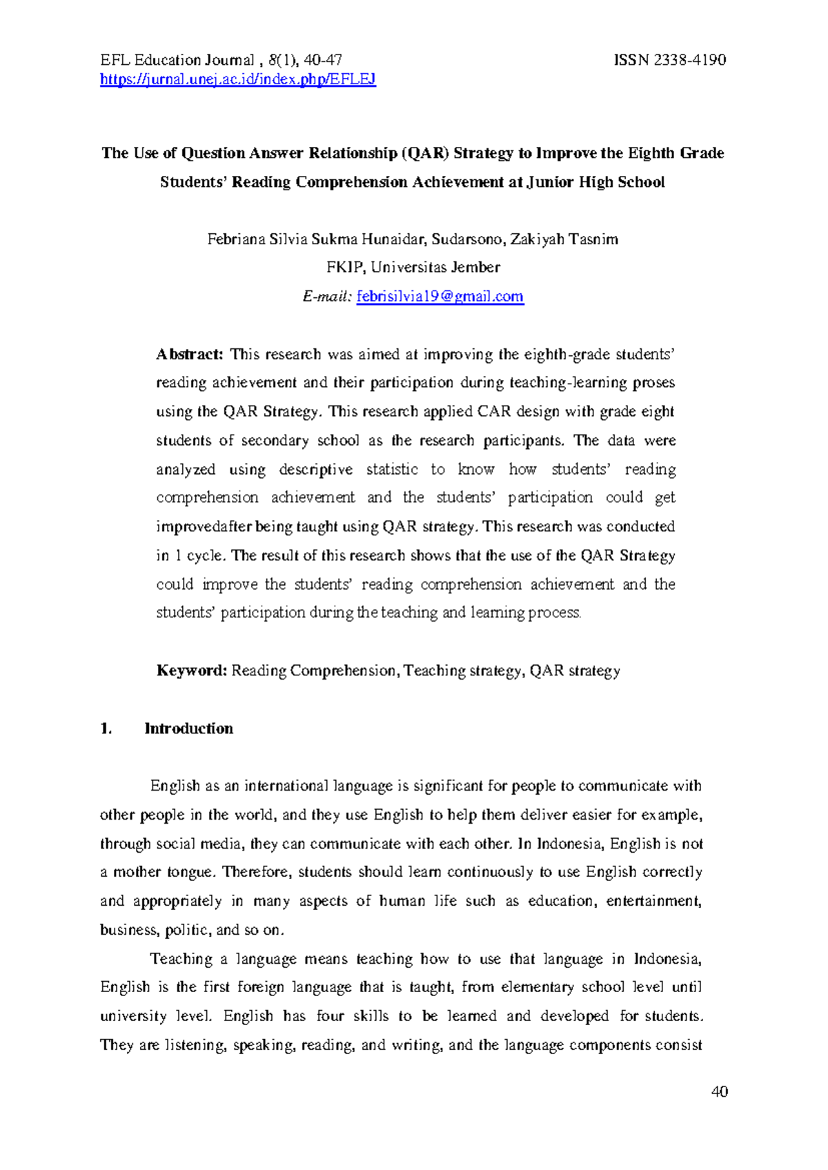 Using QAR Strategy to Enhance Reading Comprehension in Grade 8 Students ...