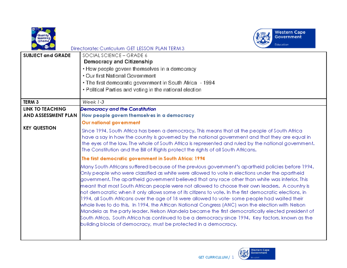 Lesson Plan: Gr 6 SS T3 - Democracy & Citizenship Overview - Studocu