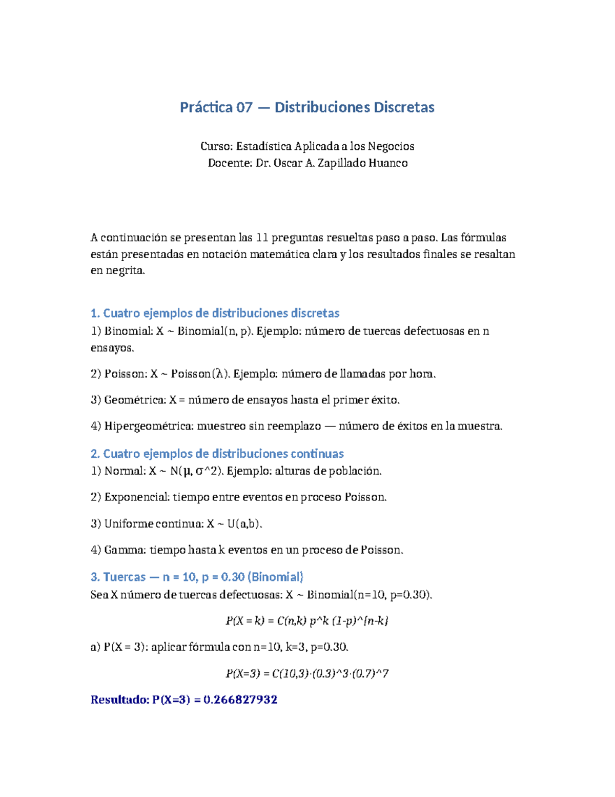 Práctica 07: Distribuciones Discretas en Estadística Aplicada - Studocu