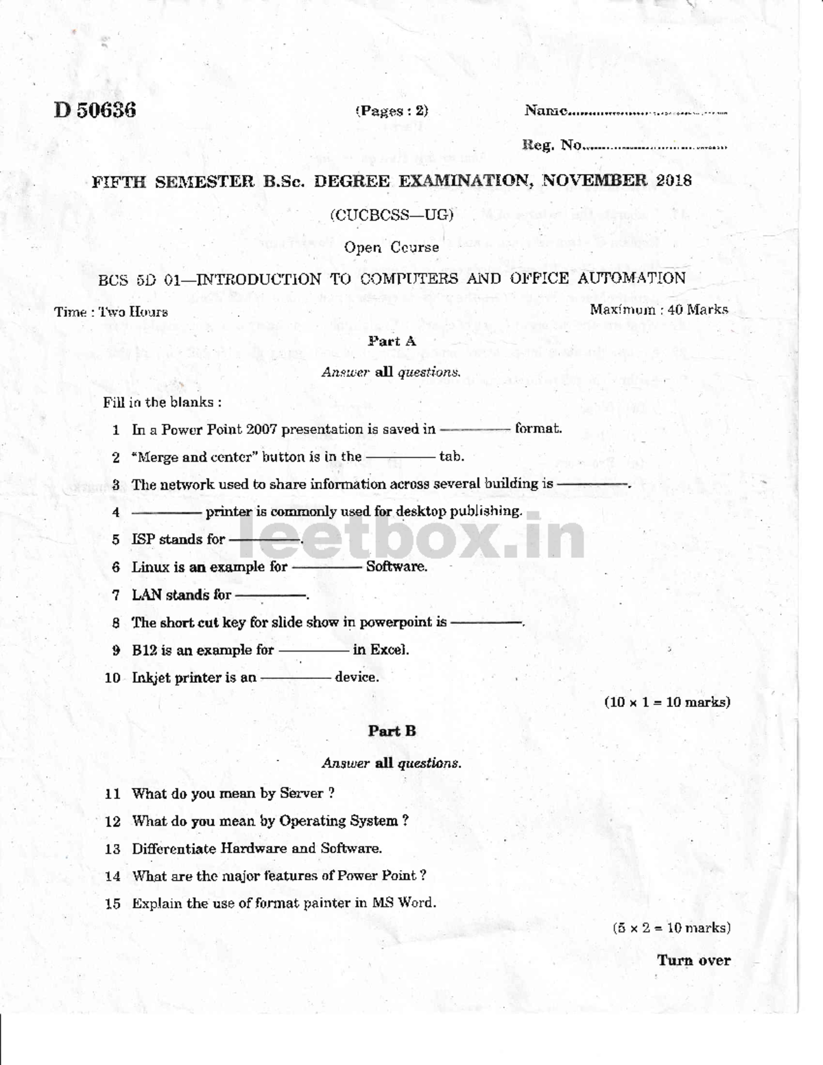 Introduction TO Computers AND Office Automation Nov 2018 - \ D 506S6 (Fages : 2) Eeg. No-, FIFTH ...