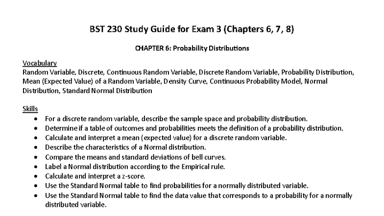 BST 230 Study Guide for Exam 3: Probability & Inference (Ch. 6-8) - Studocu
