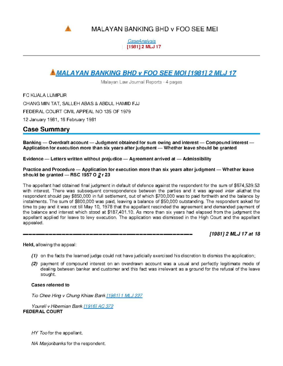 MALAYAN BANKING BHD v FOO SEE MOI Case Analysis [1981] 2 MLJ 17 - Studocu