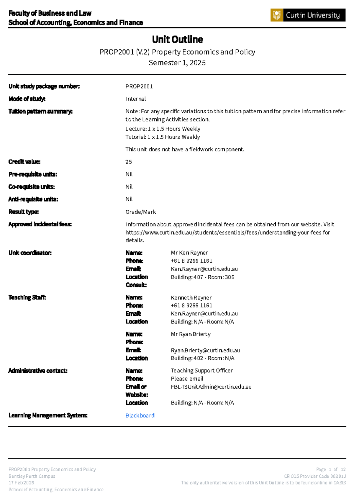 PROP2001 Unit Outline: Property Economics and Policy - Semester 1, 2025 ...
