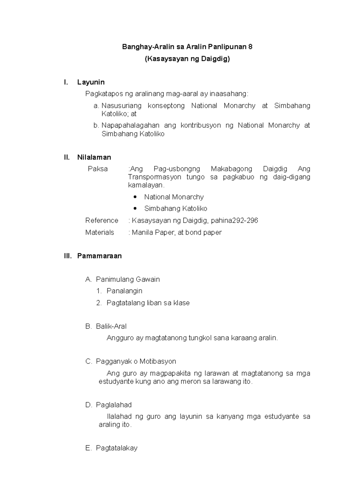 LP AP 2 - Lesson Plan - Banghay-Aralin sa Aralin Panlipunan 8 ...