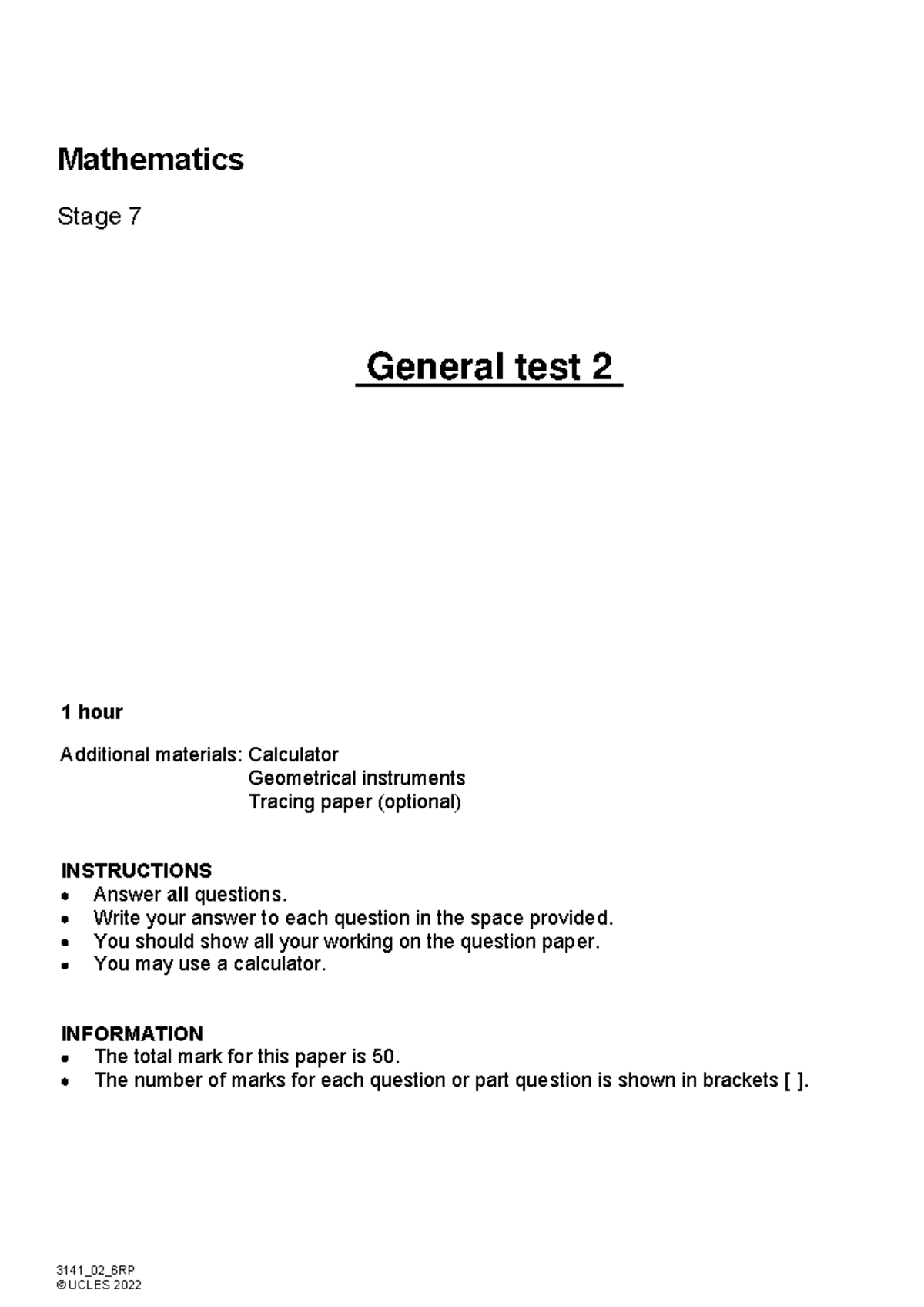 Mathematics Stage 7 General Test 2 - UCLES 2022 - Studocu