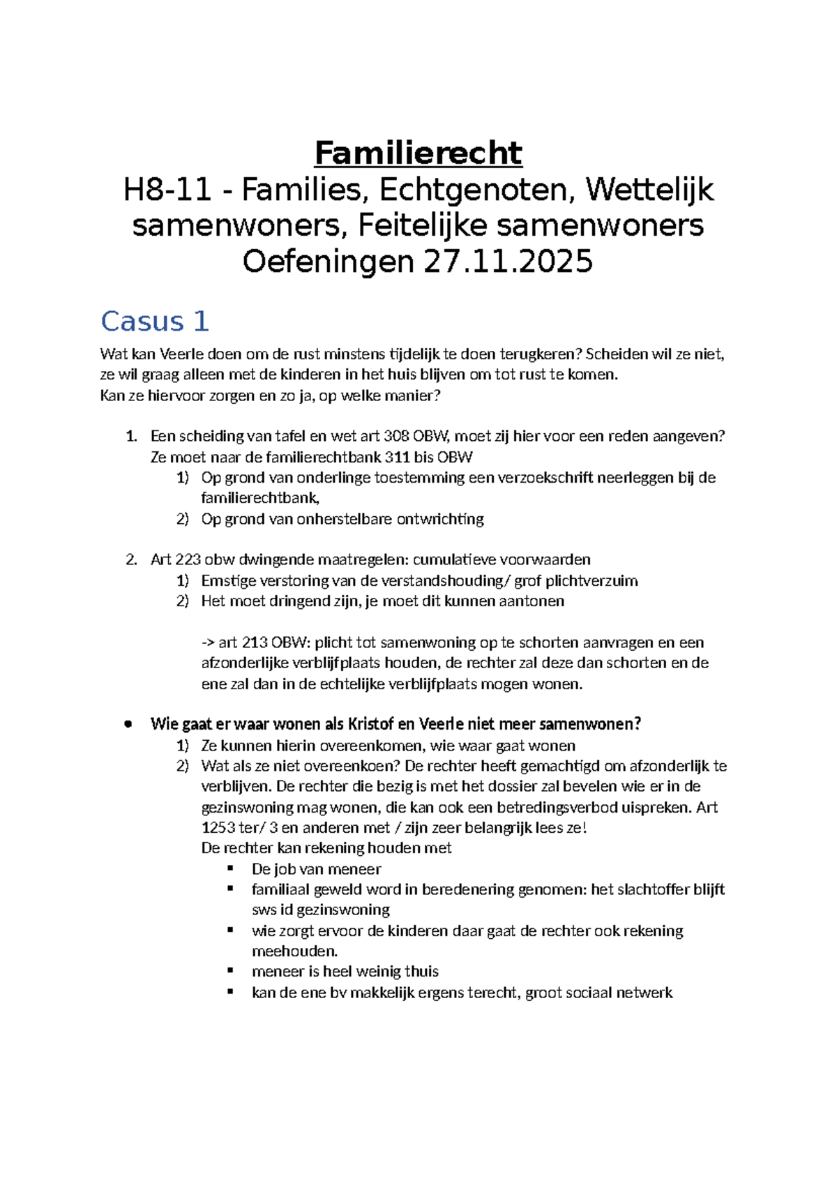 Familierecht Oefeningen 27.11.2025: Casusbesprekingen en Juridische ...