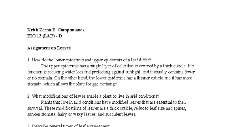 BIO 13 (LAB) D Assignment: Leaf Structure & Adaptations - Studocu