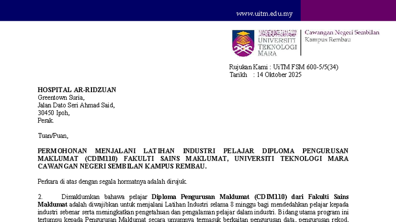 Surat Permohonan Penempatan Latihan Industri (CDIM110) - FEB 2026 - Studocu