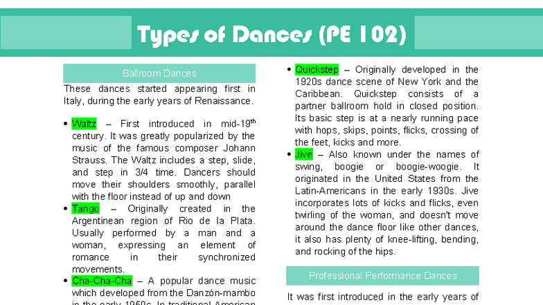 Types of Ballroom Dances (PE 102) - A Comprehensive Overview - Studocu
