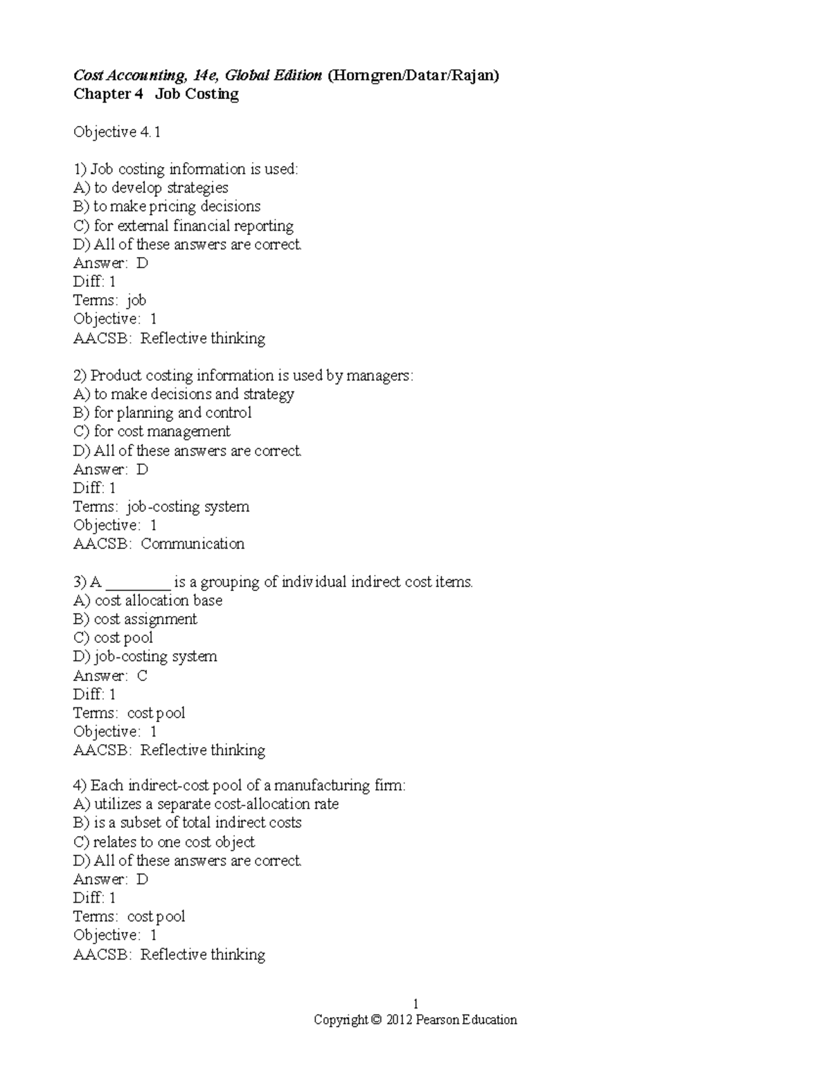 Chapter 4 - Job Costing Concepts in Cost Accounting Test Bank - Studocu