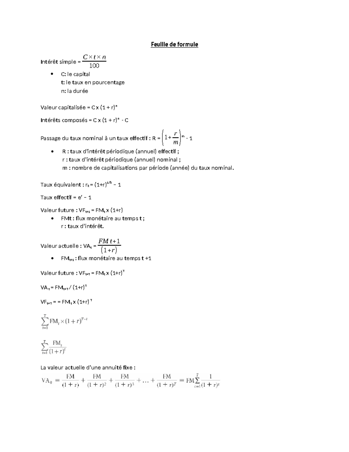 Feuille de formules - ADM 2750 - Feuille de formule Intérêt simple = C ...