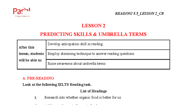 READING 5.5_CB LESSON 2: PREDICTING SKILLS & UMBRELLA TERMS - Studocu