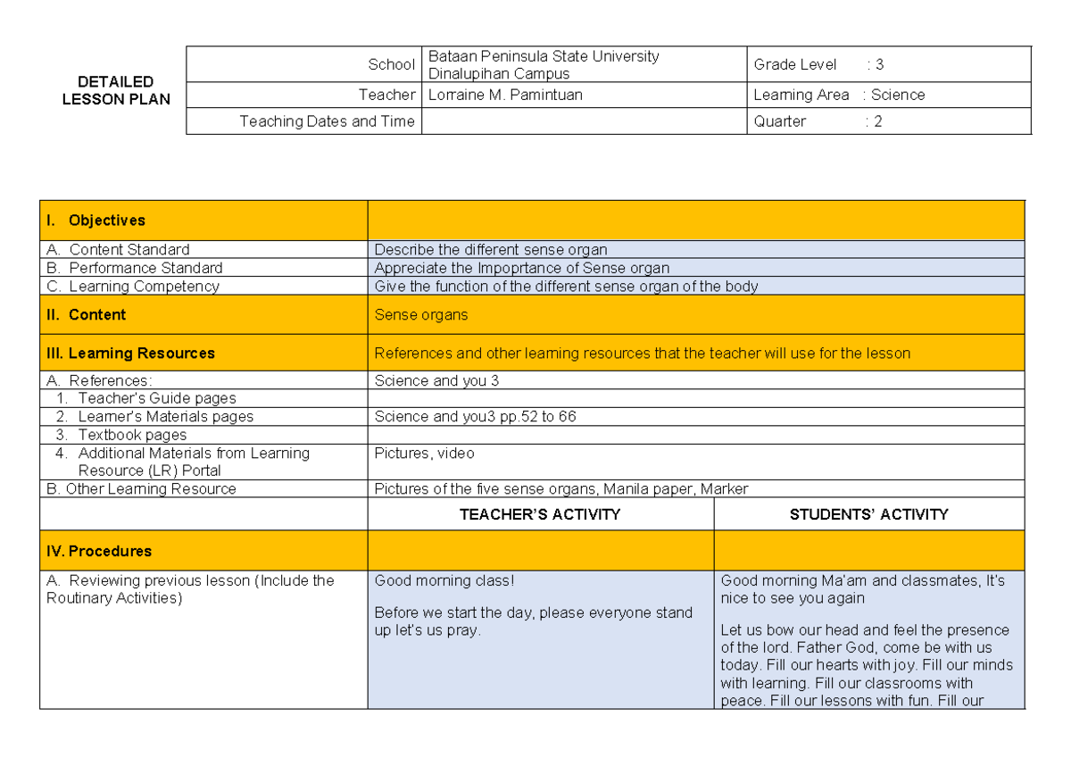 Detailed Lesson Plan on Sense Organs for Grade 3 Science (Quarter 2 ...
