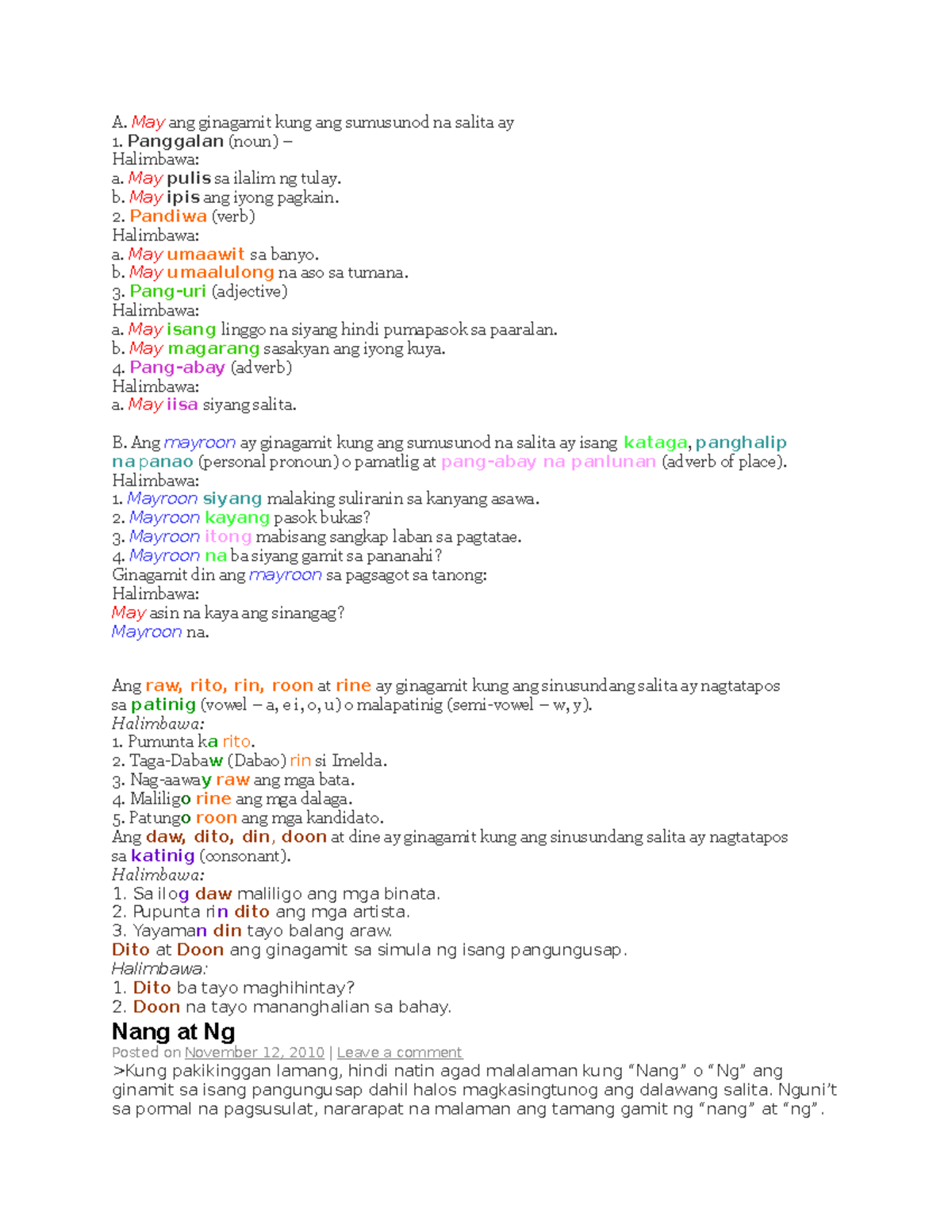 Wastong Gamit ng Salita: May vs. Mayroon at NANG vs. NG - Studocu