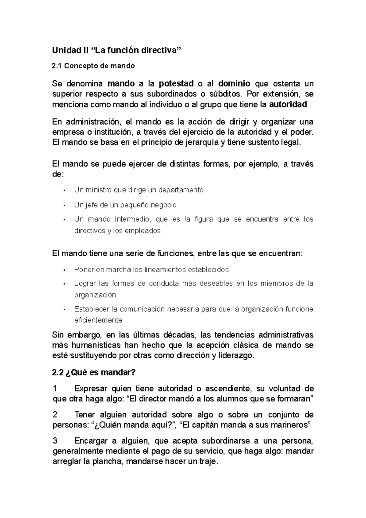 Unidad II: Mando y Liderazgo en la Función Directiva - Studocu