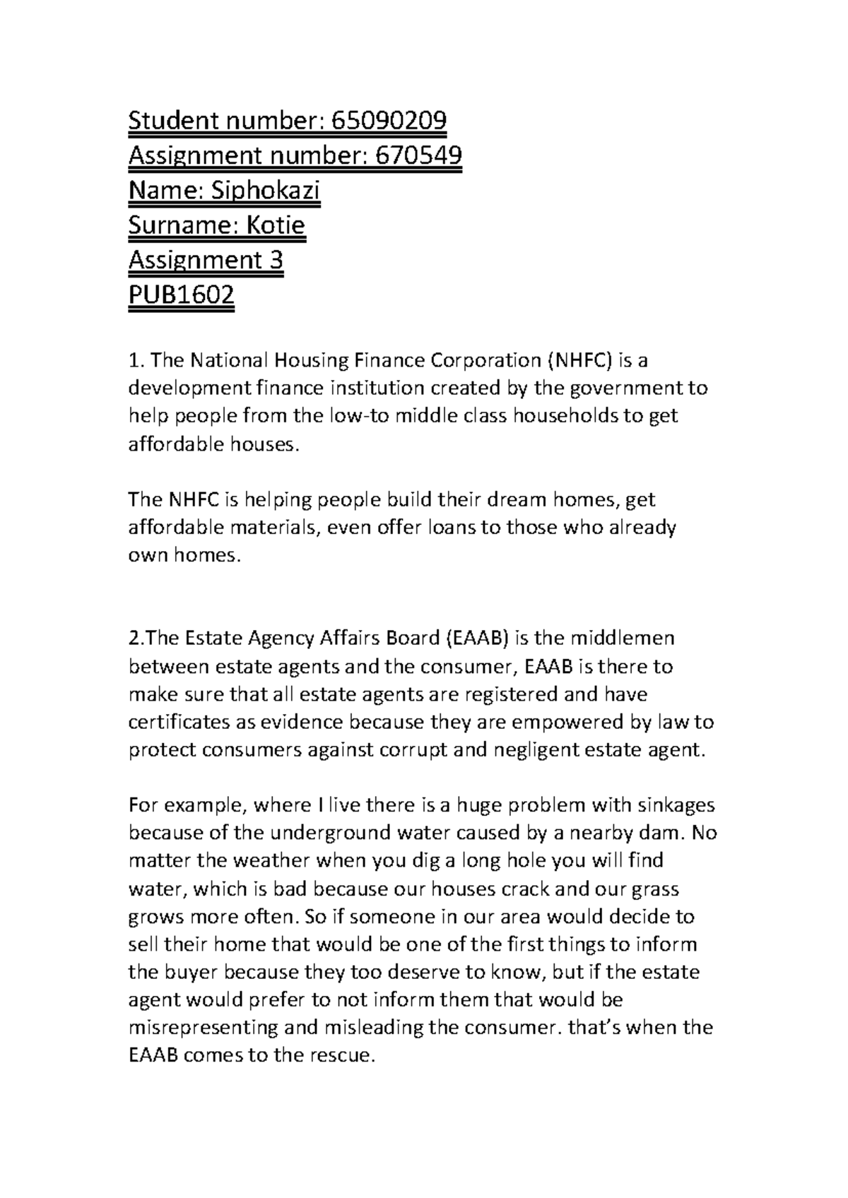 PUB1602 ASS3 - The Role of NHFC and EAAB in Public Administration - Studocu