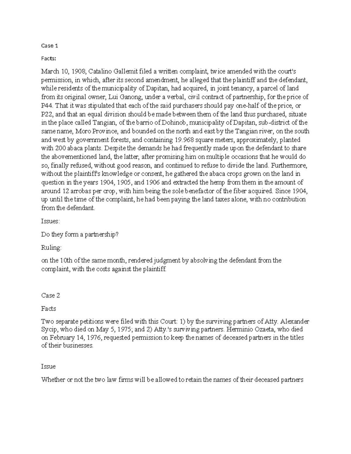 Legal Case Studies: Partnership Disputes and Rulings (LAW 101) - Studocu