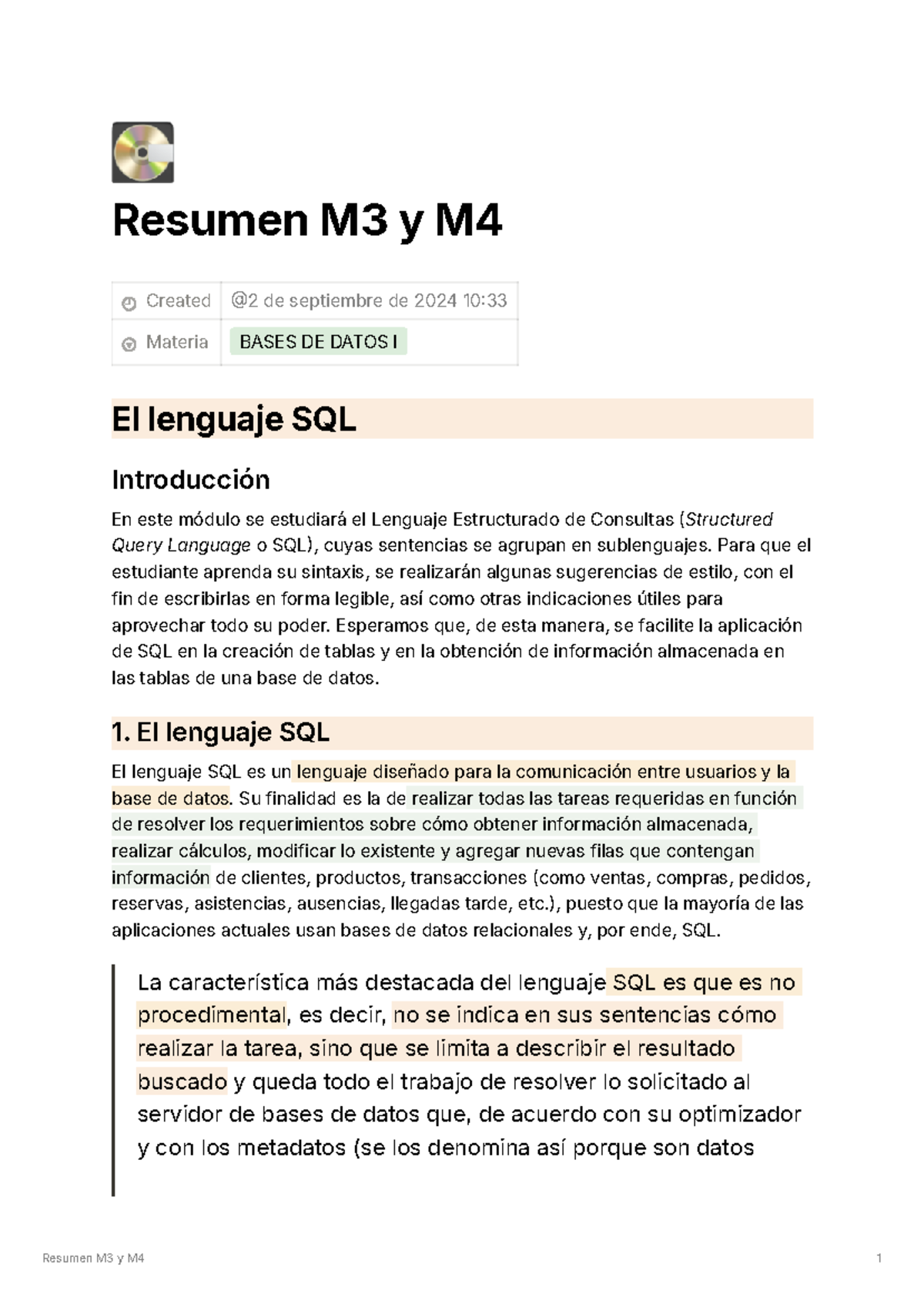 BD Resumen M3 y M4 - 💽 Resumen M3 y M Created Materia BASES DE DATOS I El lenguaje SQL ...