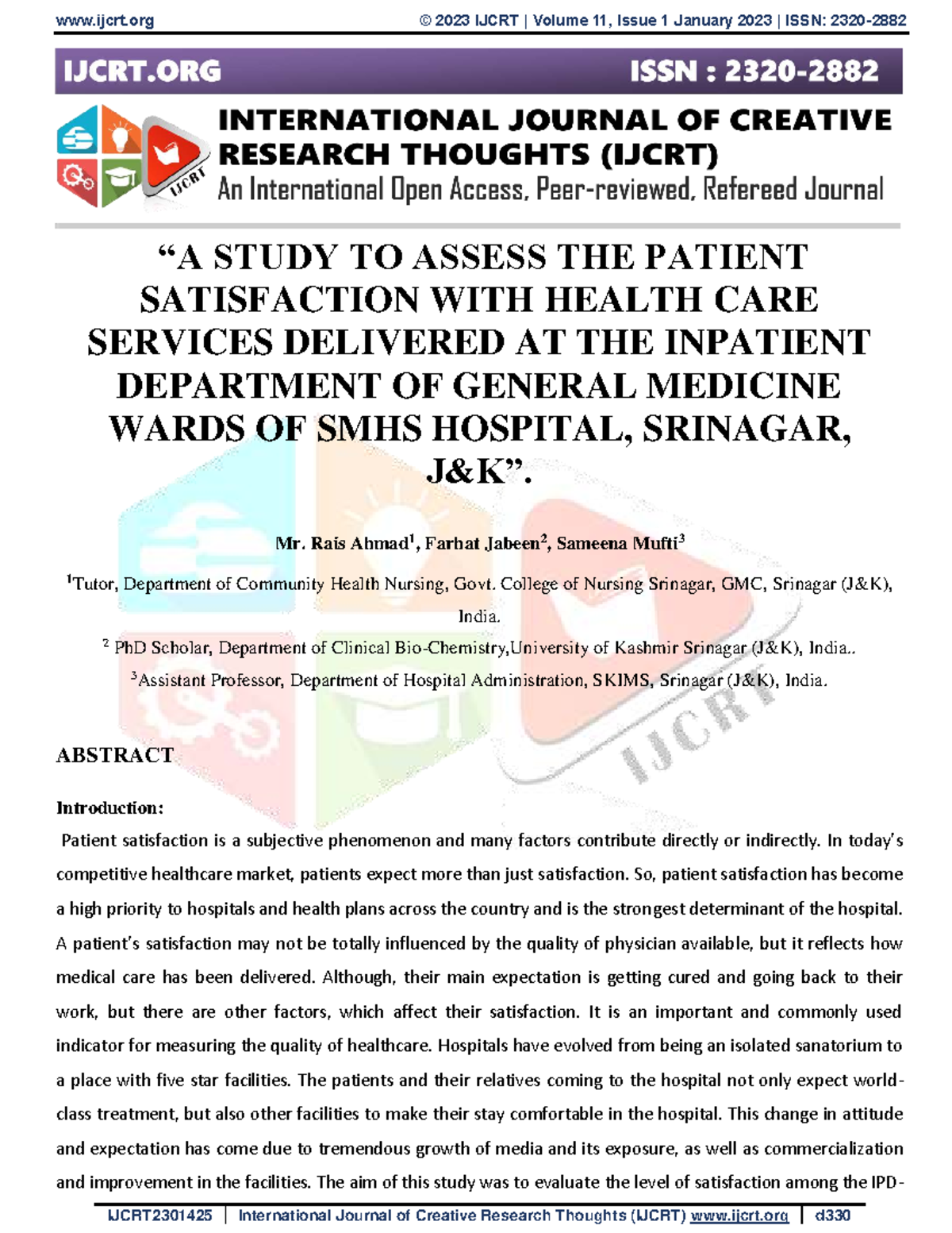 Assessment of Patient Satisfaction in IPD Services at SMHS Hospital ...