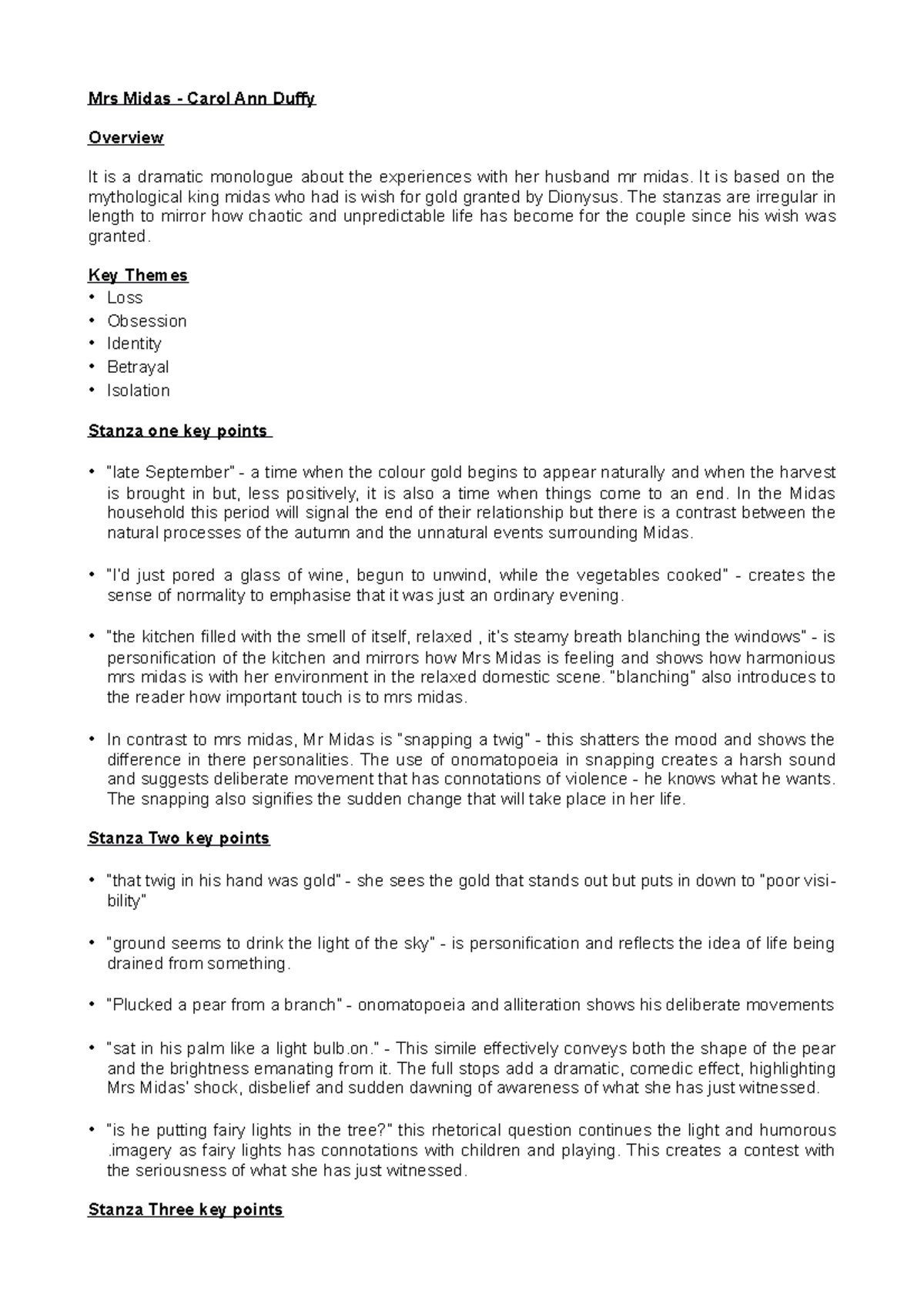 130416 Mrs Midas: Key Themes and Stanza Analysis Notes - Studocu