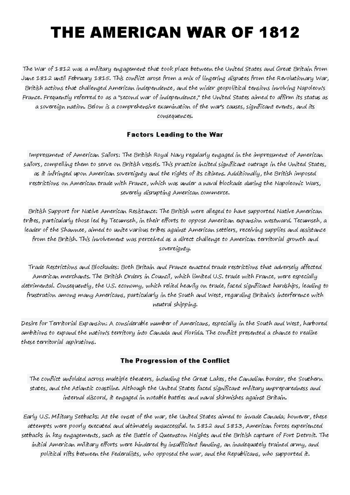 THE American WAR OF 1812 - THE AMERICAN WAR OF 1812 The War of 1812 was ...