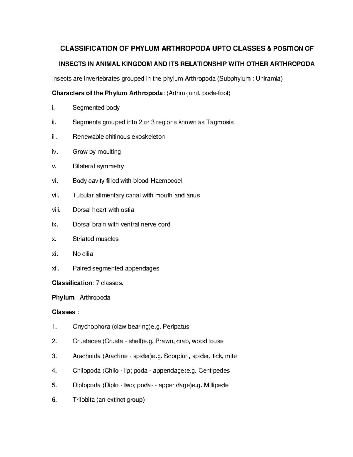 Classification of Phylum Arthropoda: Insects & Their Relations - Studocu