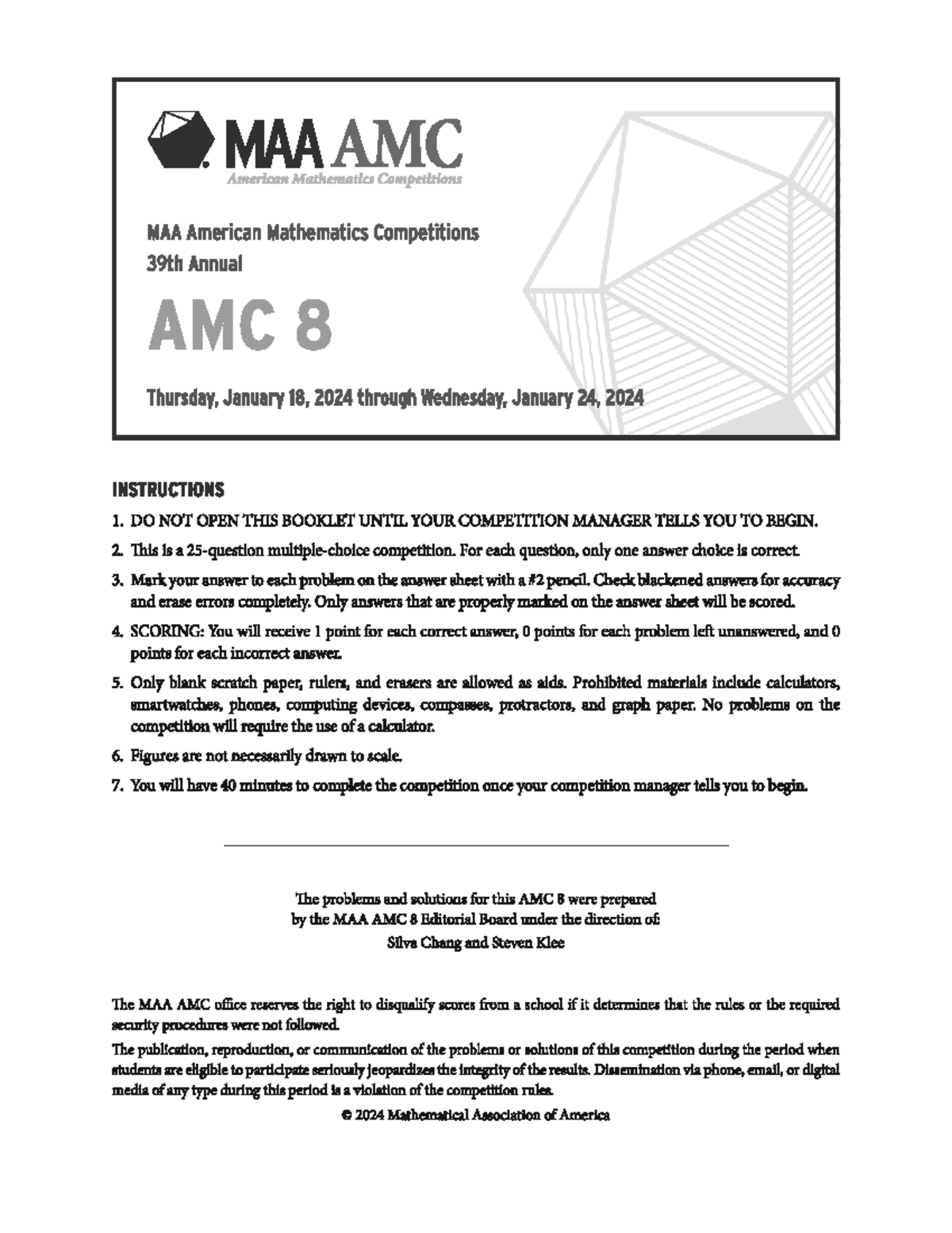 2024 AMC 8 Competition Problems and Instructions - Studocu