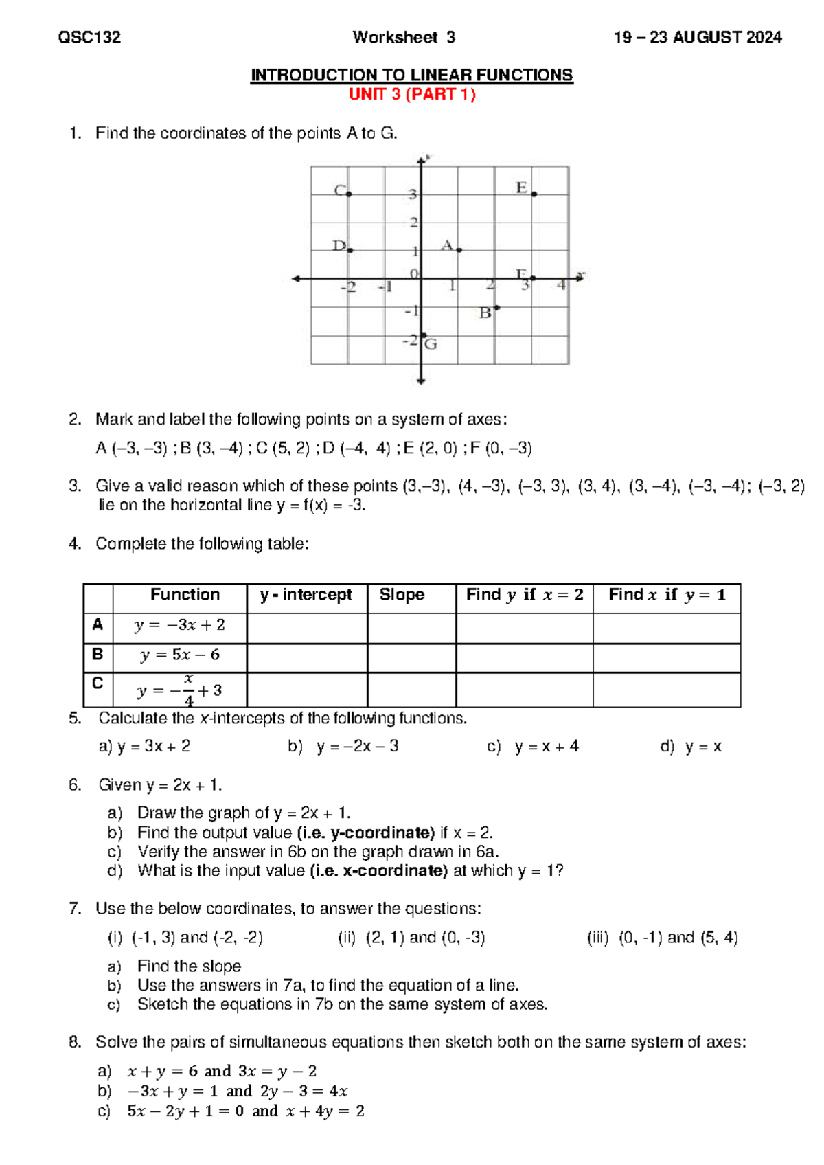 QSC132 Worksheet 3: Intro to Linear Functions Unit 3 (Part 1) - Studocu