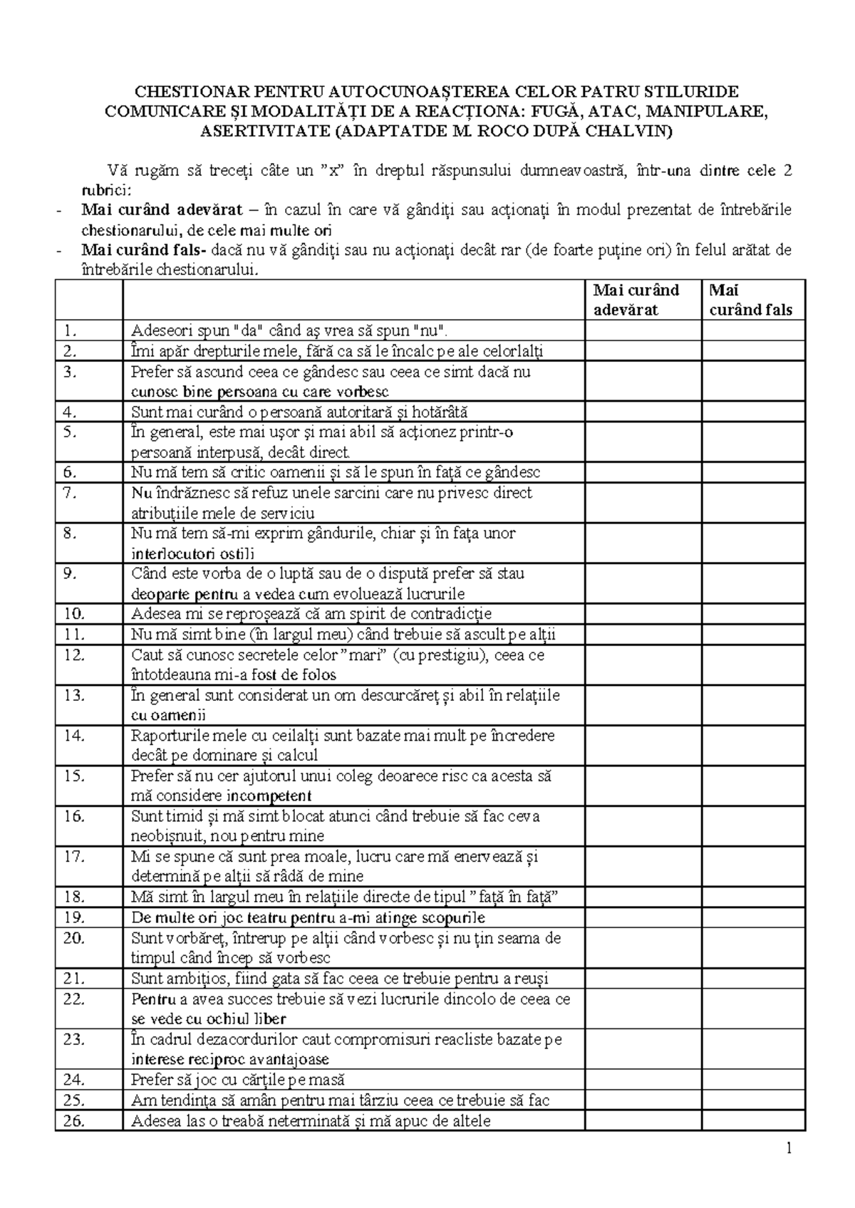 Chestionar stil de comunicare - 1 CHESTIONAR PENTRU AUTOCUNOAȘTEREA ...